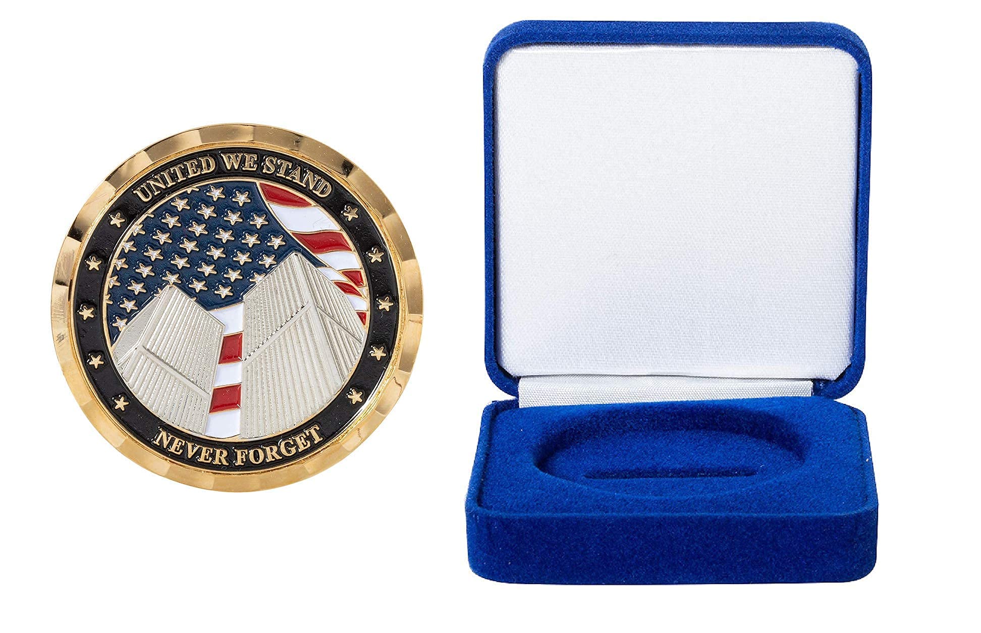 Never Forget 9/11 United We Stand Challenge Coin and Blue Velvet Display Box