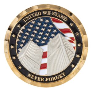 Never Forget 9/11 United We Stand Challenge Coin and Blue Velvet Display Box