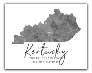 kentucky state map wall art print - 8x10 silhouette decor print with coordinates. makes a great bluegrass state-themed gift. shades of grey, black & white.