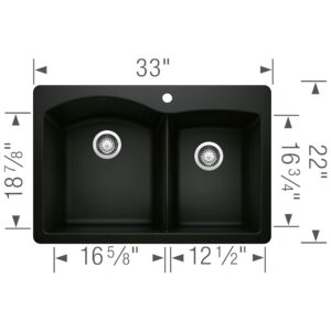 BLANCO Diamond Silgranit 60/40 Double Bowl Undermount or Drop-In Kitchen Sink, 33x22x9.5, Coal Black