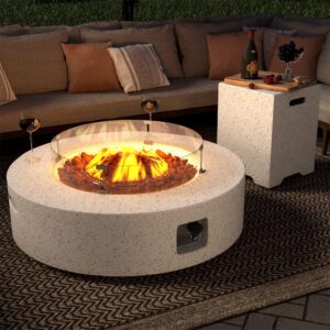 SUNBURY Outdoor 41 Inch Propane Fire Pit Table, 50,000 BTU Spotted White Patio Gas Fire Table w Glass Wind Guard, Tank Table, Lava Rocks