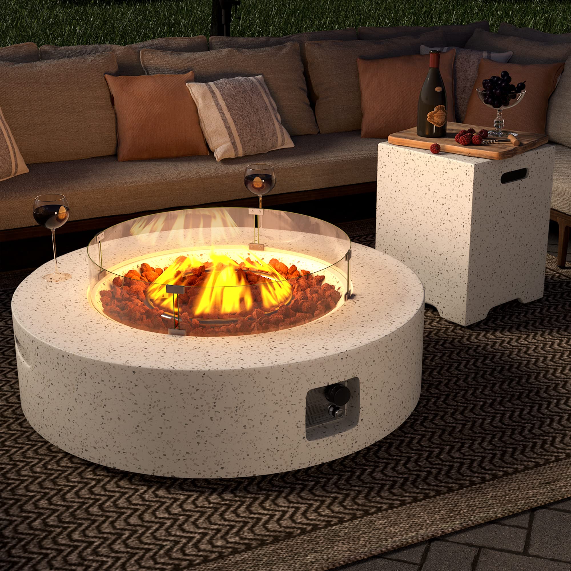 SUNBURY Outdoor 41 Inch Propane Fire Pit Table, 50,000 BTU Spotted White Patio Gas Fire Table w Glass Wind Guard, Tank Table, Lava Rocks