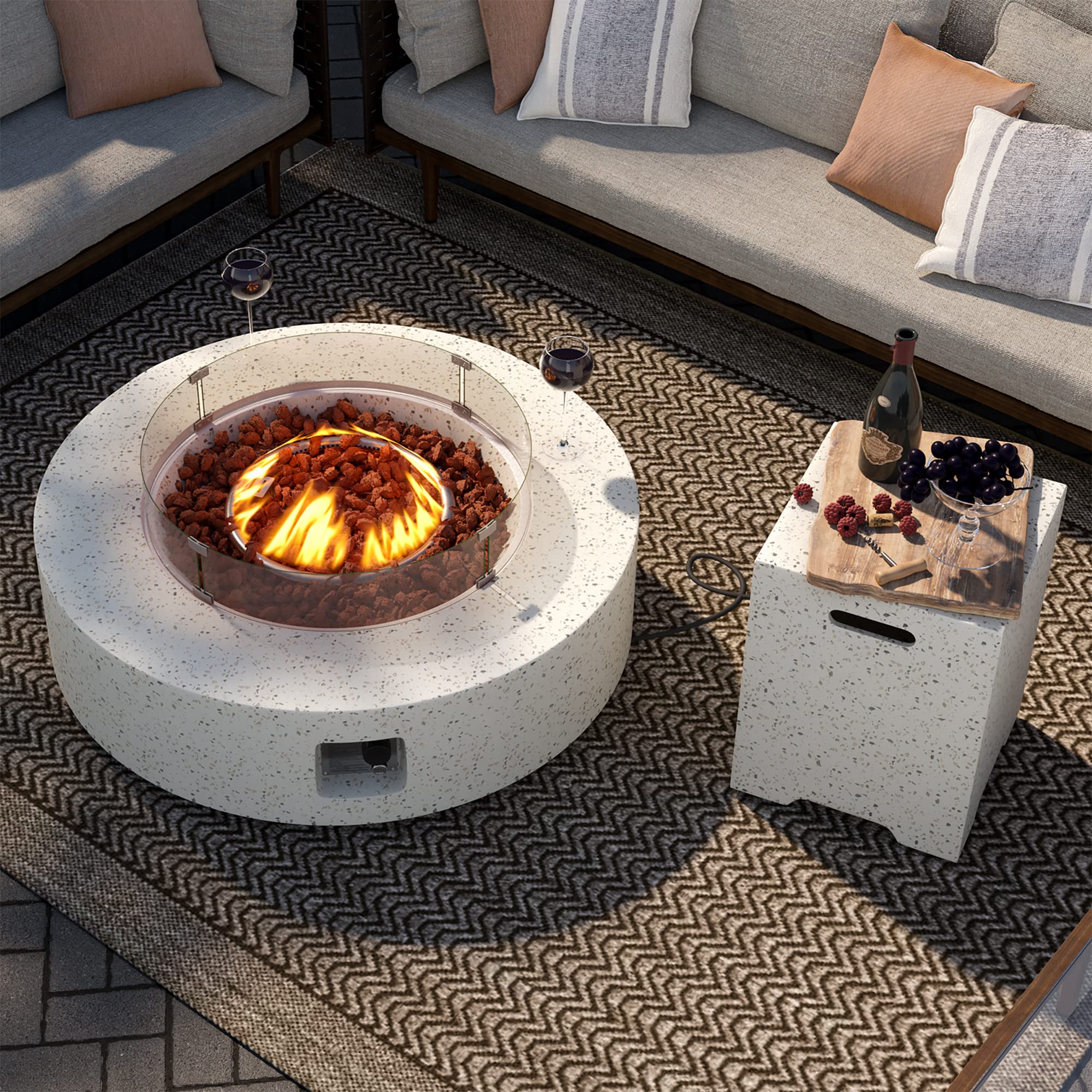 SUNBURY Outdoor 41 Inch Propane Fire Pit Table, 50,000 BTU Spotted White Patio Gas Fire Table w Glass Wind Guard, Tank Table, Lava Rocks