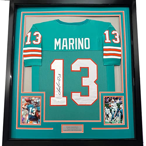 Framed Autographed/Signed Dan Marino 33x42 Miami Teal Football Jersey JSA COA