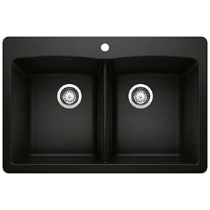 blanco diamond silgranit 50/50 double bowl undermount or drop-in kitchen sink, 33x22x9.5, coal black