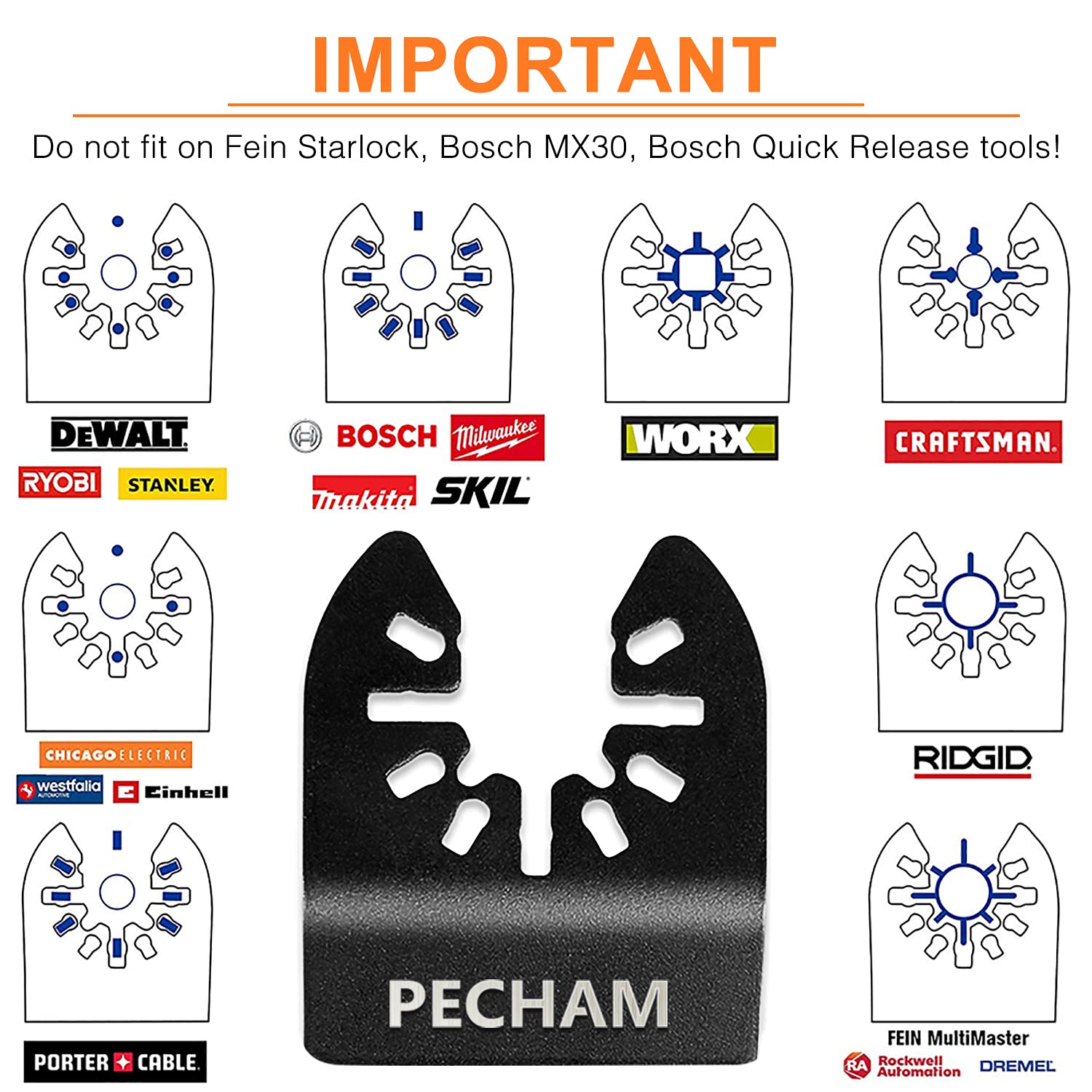 PECHAM 45PCS Universal Wood Oscillating Multitool Quick Release Saw Blades Fit Porter Cable Black & Decker Rockwell Ridgid Ryobi Milwaukee DeWalt Chicago Craftsman