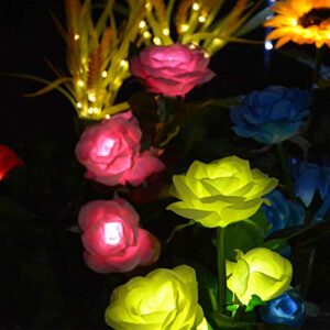 [Upgraded 6 Flowers]Solar Powered Artificial Rose Flower Lights,Waterproof Outdoor Garden Accent Lighting for Summer Country Field Yard Pathway Balcony Memorial Cemetery Gravesite Decorations, Yellow