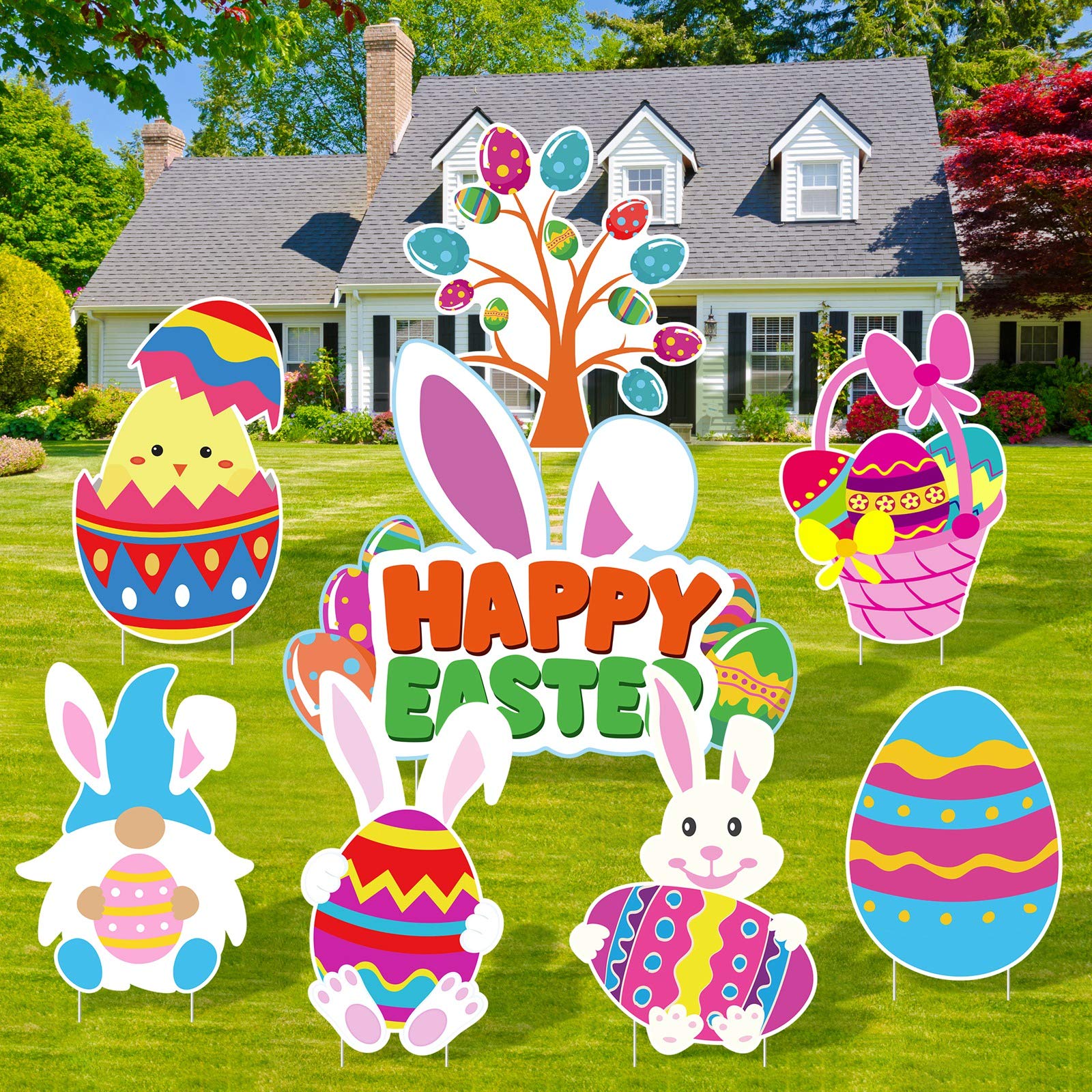 ADXCO 8 Pieces Easter Yard Sign Easter Outdoor Lawn Decorations with Stakes Easter Rabbit Eggs Yard Sign for Easter Party Yard Decor