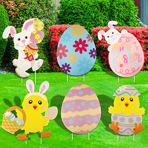 6 Pcs Easter Yard Signs Outdoor Easter Eggs Yard Signs Easter Yard Decorations Easter Lawn Decoration Easter Yard Art Decoration with 12 Plastic Stakes for Garden Lawn Yard Easter Props Decoration