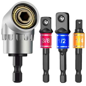 impact grade power hand tools driver sockets adapter extension set, 3pcs 1/4 3/8 1/2" hex shank drill nut driver bit set + 105 degree right angle driver extension screwdriver drill attachment