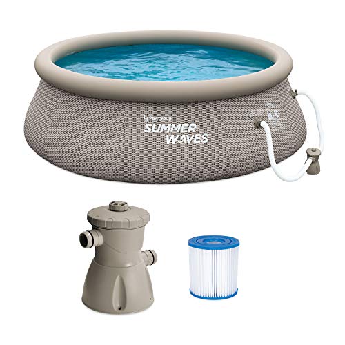 Summer Waves P1B01036A 10ft x 36in Round Quick Set Inflatable Ring Above Ground Swimming Pool with Filter Pump, Gray Basketweave Print