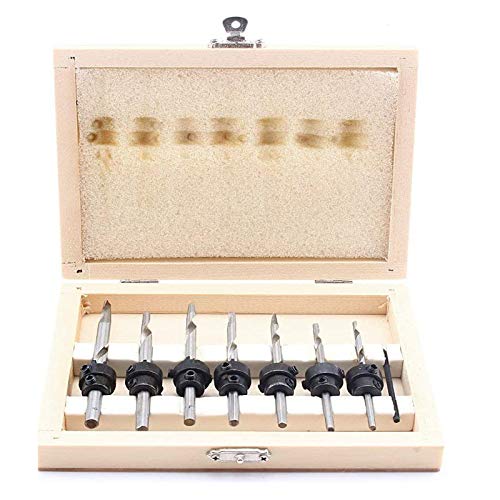 7 PCS Wood Countersink Drill Bits Set, SYWAN Counter Sinking Drill Bits with Stop Collars & Wrench for Carpentry Woodworking Screw Hole Cutter