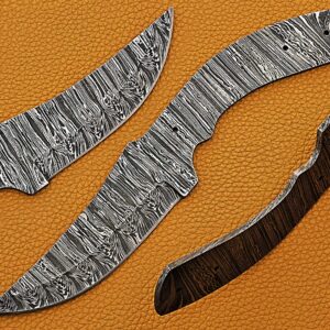 9.25 inches long trailing point blank blade skinning knife, hand forged Ladder Pattern Damascus steel blade, 4.5" scale with 3 Pin hole, 4.25" trailing point blade with 4" cutting edge