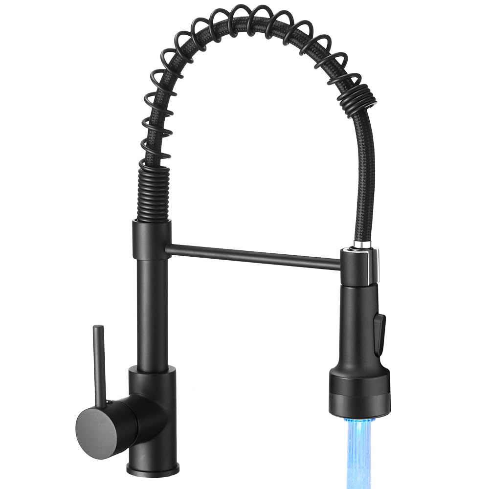 OWOFAN Kitchen Faucet with Sprayer Single Handle Pull Down Sprayer Spring Matte Black Kitchen Sink Faucet with LED Light 9005R