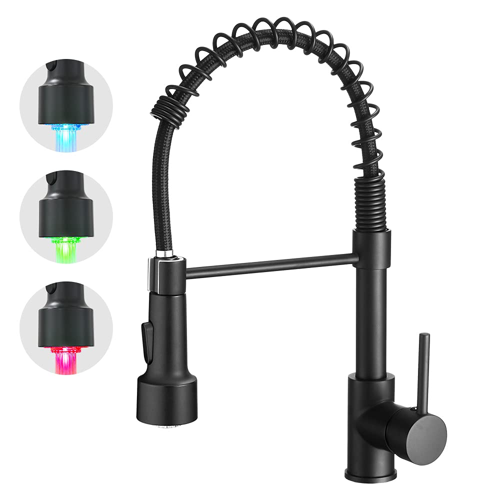 OWOFAN Kitchen Faucet with Sprayer Single Handle Pull Down Sprayer Spring Matte Black Kitchen Sink Faucet with LED Light 9005R