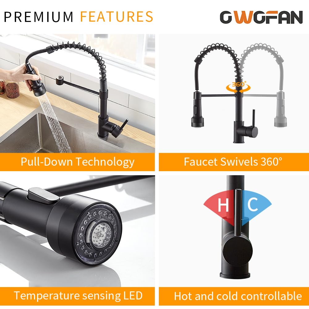 OWOFAN Kitchen Faucet with Sprayer Single Handle Pull Down Sprayer Spring Matte Black Kitchen Sink Faucet with LED Light 9005R