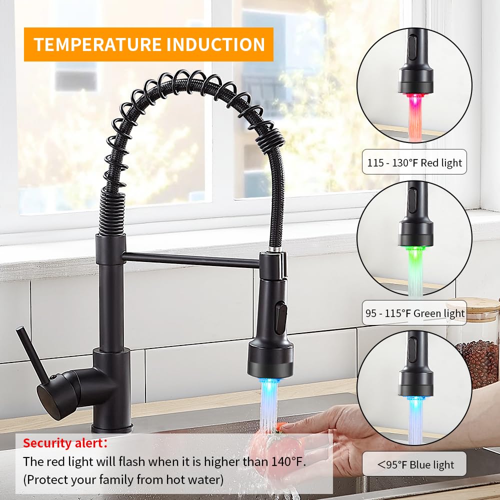 OWOFAN Kitchen Faucet with Sprayer Single Handle Pull Down Sprayer Spring Matte Black Kitchen Sink Faucet with LED Light 9005R