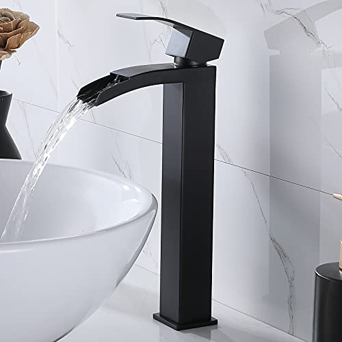 VCCUCINE Vessel Sink Faucet Black, Waterfall Bathroom Faucet, Single Hole Lavatory Vanity Sink Faucets with Pop Up Drain and Two 3/8" Hoses