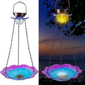 maggift solar powered bird bath for outdoor hanging, wild bird feeder glass flower seed tray outside, waterproof birdfeeders solar garden crackle glass ball light warm white led landscape lighting