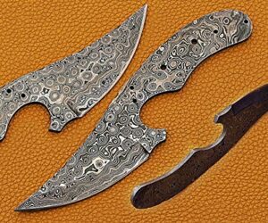 7.5 inches long hand forged rain drop pattern damascus steel trailing point blank blade skinning knife, 3" long sharp cutting edge, 4" scale space with 6 pins hole