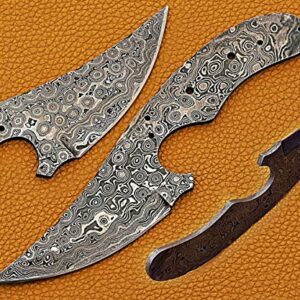 7.5 inches long hand forged rain drop pattern Damascus steel trailing point blank blade skinning knife, 3" long sharp cutting edge, 4" scale space with 6 pins hole