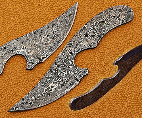 7.5 inches long hand forged rain drop pattern Damascus steel trailing point blank blade skinning knife, 3" long sharp cutting edge, 4" scale space with 6 pins hole