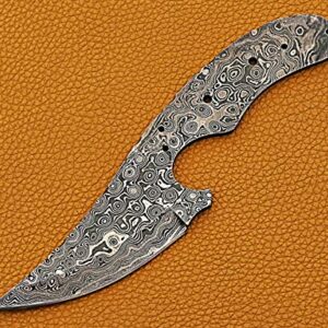 7.5 inches long hand forged rain drop pattern Damascus steel trailing point blank blade skinning knife, 3" long sharp cutting edge, 4" scale space with 6 pins hole