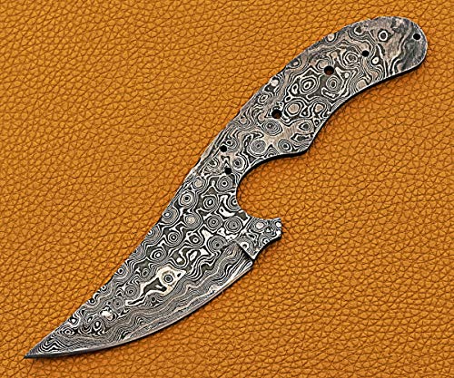 7.5 inches long hand forged rain drop pattern Damascus steel trailing point blank blade skinning knife, 3" long sharp cutting edge, 4" scale space with 6 pins hole