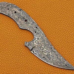 7.5 inches long hand forged rain drop pattern Damascus steel trailing point blank blade skinning knife, 3" long sharp cutting edge, 4" scale space with 6 pins hole