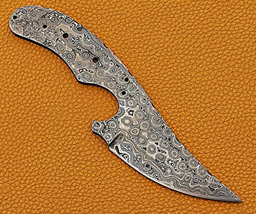 7.5 inches long hand forged rain drop pattern Damascus steel trailing point blank blade skinning knife, 3" long sharp cutting edge, 4" scale space with 6 pins hole