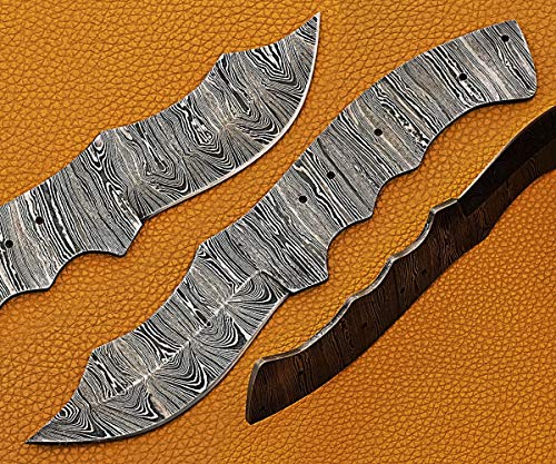 9" Long Dao Blade, Hand Forged Ladder Pattern Damascus Steel Blank Blade, 4.5" Long Blade with 4" Cutting Edge, 4.5" Finger Serrated Scale with 5 pin Holes