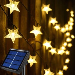 abkshine 50ft 120 led solar star fairy lights, outdoor decorative solar string lights, waterproof ambiance lighting for patio deck,camper,gazebo,girls themed room,garden,porch,bush decor,warm white