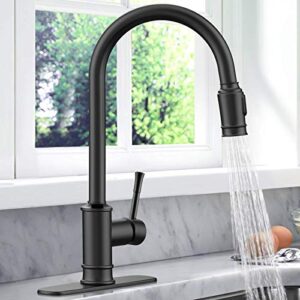 Kitchen Faucet-WaterSong Transitional Kitchen Faucet with Pull Down Sprayer, Kitchen Sink Faucet with Single Handle&Deck Plate, 3 Mode Kitchen Sprayer, RV kitchen Faucet, Easy Dishwashing, Matte Black