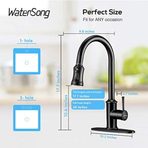 Kitchen Faucet-WaterSong Transitional Kitchen Faucet with Pull Down Sprayer, Kitchen Sink Faucet with Single Handle&Deck Plate, 3 Mode Kitchen Sprayer, RV kitchen Faucet, Easy Dishwashing, Matte Black