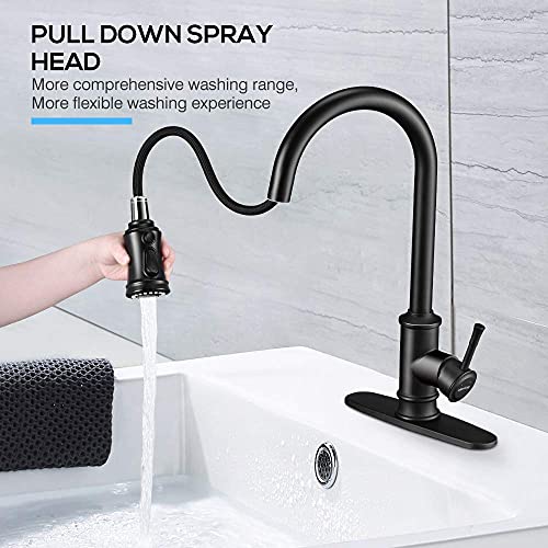 Kitchen Faucet-WaterSong Transitional Kitchen Faucet with Pull Down Sprayer, Kitchen Sink Faucet with Single Handle&Deck Plate, 3 Mode Kitchen Sprayer, RV kitchen Faucet, Easy Dishwashing, Matte Black