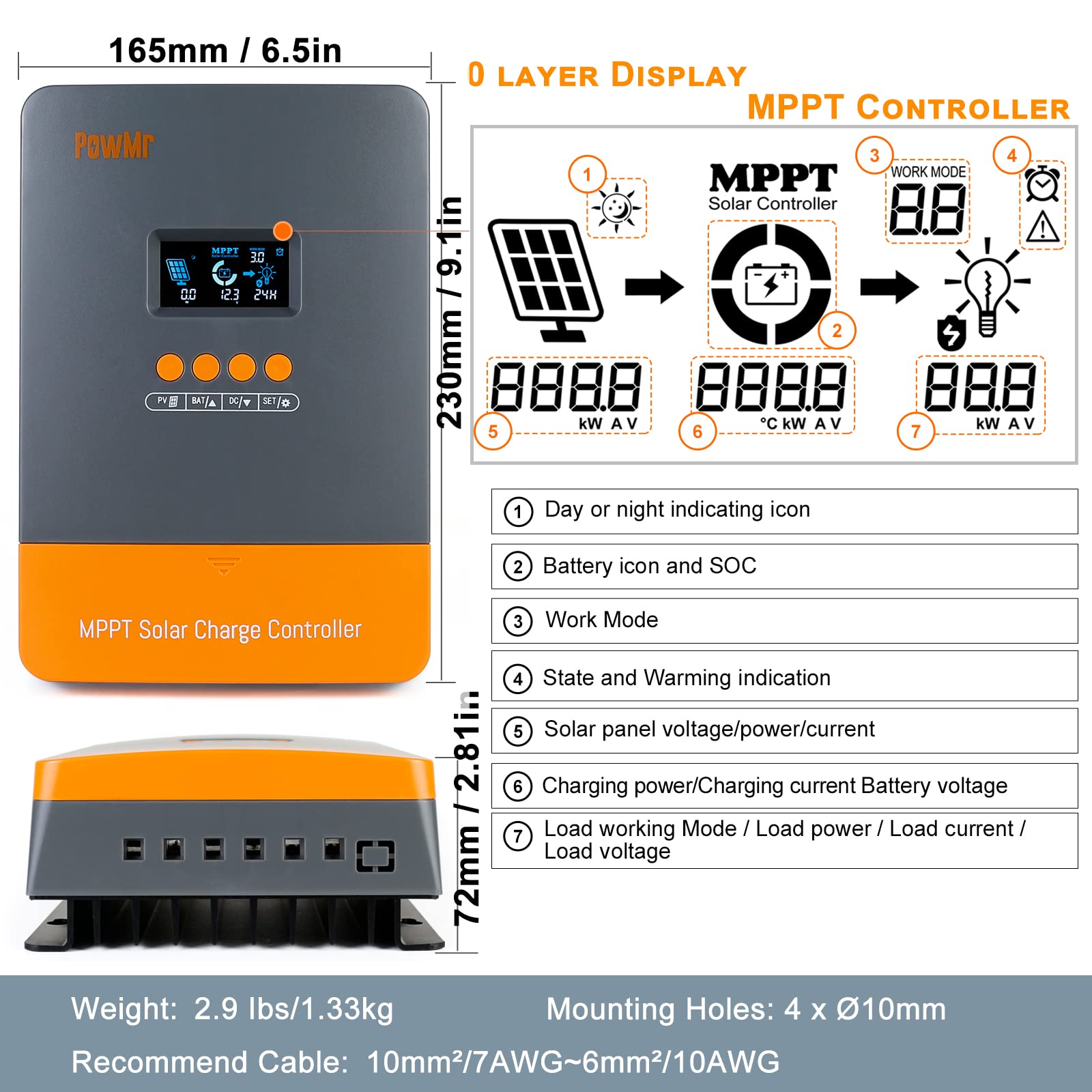 PowMr 60AMP MPPT Charg Controller, Fit for 12V 24V 36V 48V Lead-Acid Lithium Battery, MAX 160V 2880W Input Solar Charge Controller