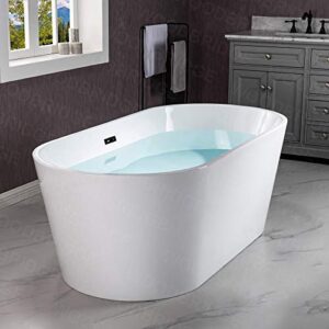 WOODBRIDGE 59" Acrylic Freestanding Bathtub Contemporary Soaking White Tub with Matte Black Overflow and Drain，B0014-MB-Drain &O