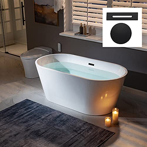 WOODBRIDGE 59" Acrylic Freestanding Bathtub Contemporary Soaking White Tub with Matte Black Overflow and Drain，B0014-MB-Drain &O