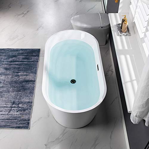 WOODBRIDGE 59" Acrylic Freestanding Bathtub Contemporary Soaking White Tub with Matte Black Overflow and Drain，B0014-MB-Drain &O