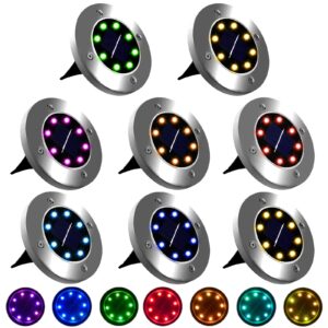 k.e.j. solar ground lights, 8 pack, waterproof outdoor lights for garden yard patio pathway driveway deck, multicolor solar disk lights