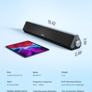 Computer Speakers, Bluetooth Soundbar, HiFi Stereo, 3.5mm Aux-in Connection, USB Powered Speakers for Desktop Monitor, PC, Laptop, Tablets