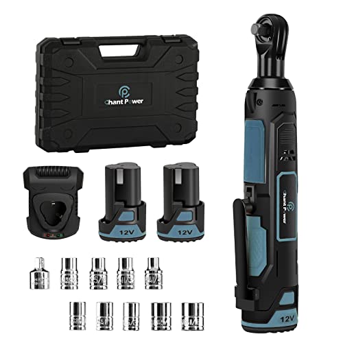 C P CHANTPOWER Cordless Ratchet Wrench Set, 3/8'' 37 Ft-lbs 12V Power Ratchet Wrench with 1H Fast Charge, Variable Speeds, 2 x 2.0Ah Lithium-Ion Batteries and 10 Sockets