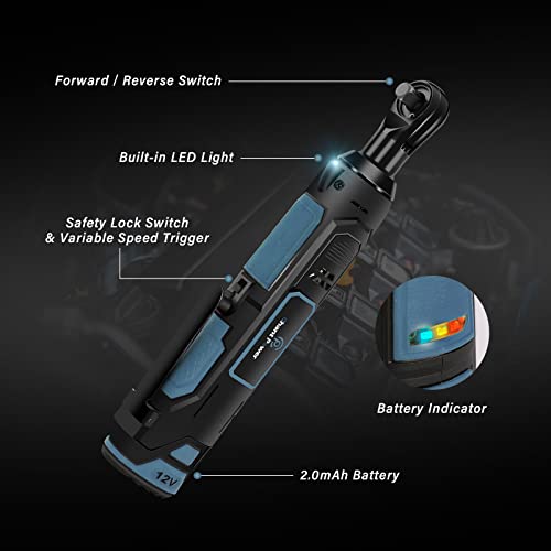 C P CHANTPOWER Cordless Ratchet Wrench Set, 3/8'' 37 Ft-lbs 12V Power Ratchet Wrench with 1H Fast Charge, Variable Speeds, 2 x 2.0Ah Lithium-Ion Batteries and 10 Sockets