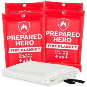 prepared hero emergency fire blanket - 4 pack - fire suppression blanket for kitchen, 40” x 40” fire blanket for home, fiberglass fire blanket