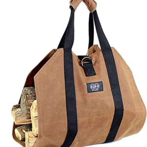 Nut Hugger Firewood Carrier Log Tote Bag, Waxed Canvas Wood Carrying Holder Bag for Fireplace Camp Log Storage, Portable Heavy-Duty for Outdoor and Indoor, Water-Resistant, Large 39” x 18”