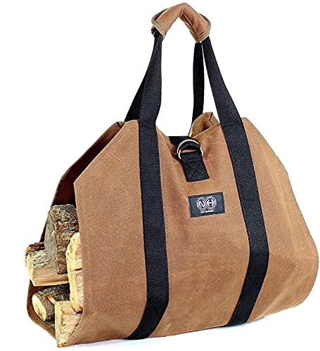 Nut Hugger Firewood Carrier Log Tote Bag, Waxed Canvas Wood Carrying Holder Bag for Fireplace Camp Log Storage, Portable Heavy-Duty for Outdoor and Indoor, Water-Resistant, Large 39” x 18”