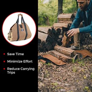 Nut Hugger Firewood Carrier Log Tote Bag, Waxed Canvas Wood Carrying Holder Bag for Fireplace Camp Log Storage, Portable Heavy-Duty for Outdoor and Indoor, Water-Resistant, Large 39” x 18”