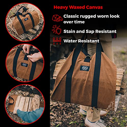 Nut Hugger Firewood Carrier Log Tote Bag, Waxed Canvas Wood Carrying Holder Bag for Fireplace Camp Log Storage, Portable Heavy-Duty for Outdoor and Indoor, Water-Resistant, Large 39” x 18”