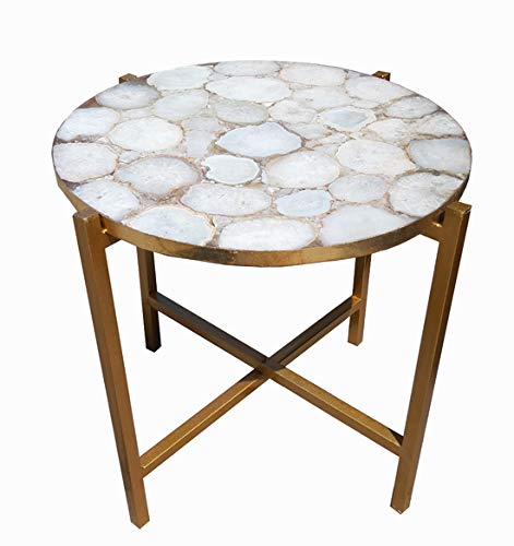 18" Inch Round Natural White Agate Coffee Table with Gold or Silver Foil coated borders with Metal Base, Agate Table, Stone Coffee Table, Agate Table Top, Agate Round Coffee Table