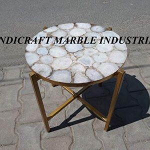 18" Inch Round Natural White Agate Coffee Table with Gold or Silver Foil coated borders with Metal Base, Agate Table, Stone Coffee Table, Agate Table Top, Agate Round Coffee Table